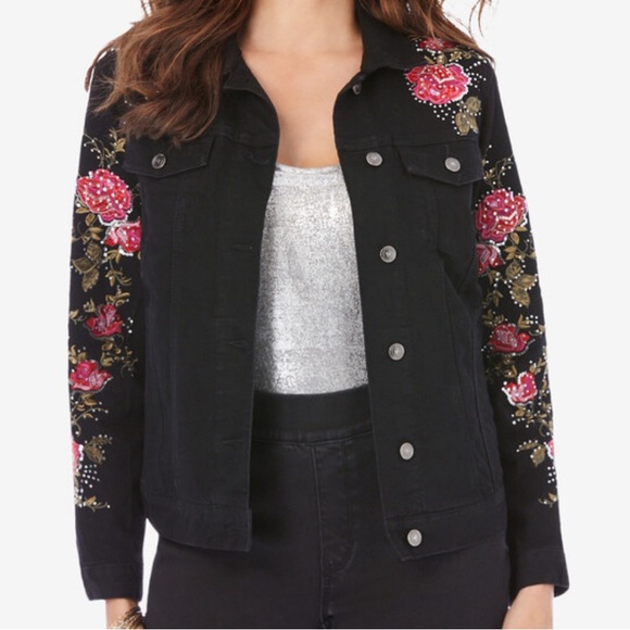Denim 24/7 | Jackets & Coats | Nwot Denim 247 Embroidered Rose Black ...